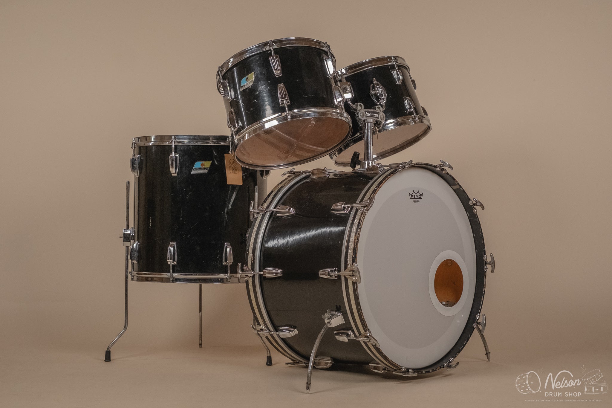 1972 Ludwig 'Big Beat' (3-ply) in Black Cortex - 14x22, 16x16, 9x13, 8 ...